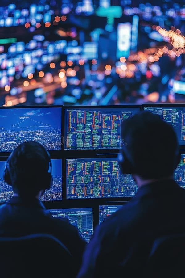 Control Room Operations with Multiple Screens and Night Cityscape ...