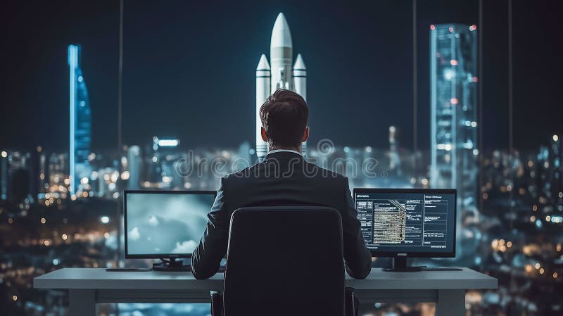 Control Room Operator Closely Observing the Launch of a Space Rocket ...