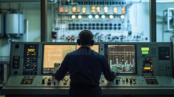 Control Room Operator Monitors Systems in Industrial Facility at Night ...