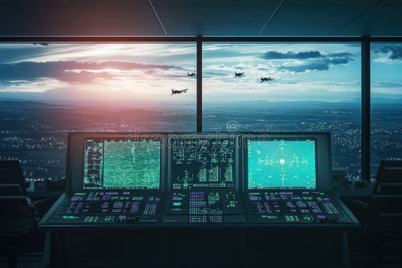 Military Control Room Overseeing Aircraft Sunset City Stock Photos ...
