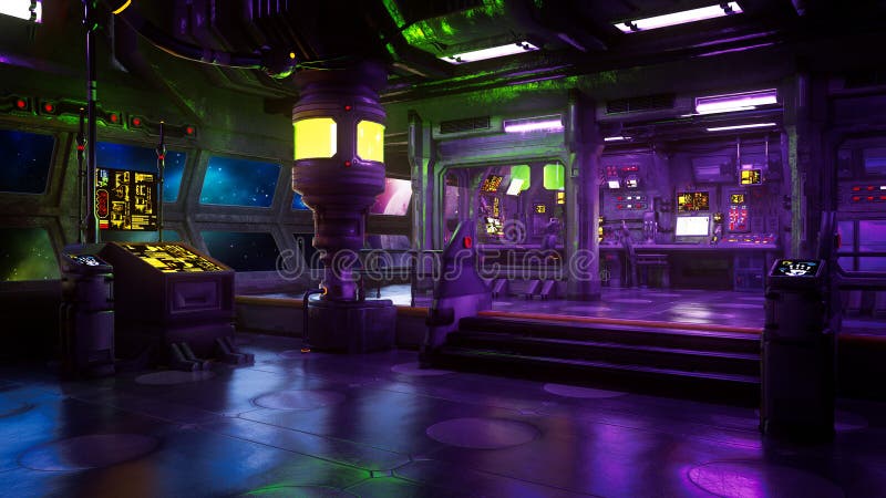 Control Room in a Science Fiction Space Station or Ship. 3D ...