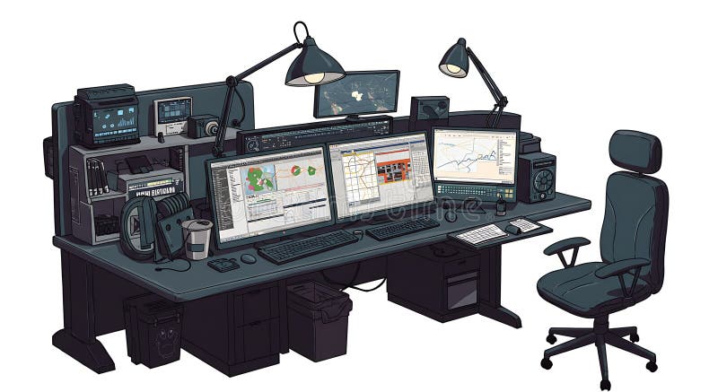 Control Room Setup Featuring Multiple Computer Monitors Displaying Charts and Data, Stock ...