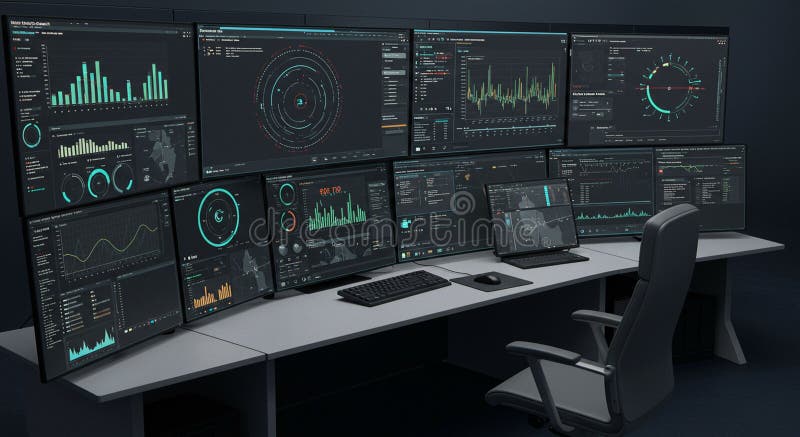 Control Room Setup with Multiple Monitors Displaying Various Data Visualizations, Stock ...
