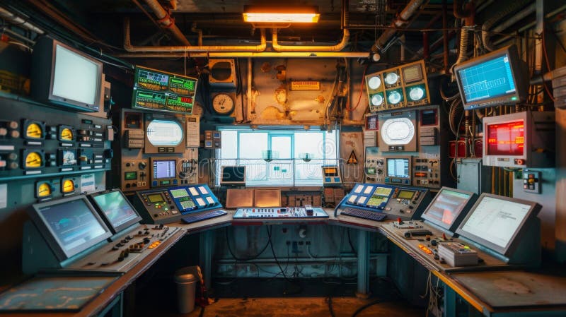 Control Room of a Ship with Advanced Navigation Equipment at Sunrise ...