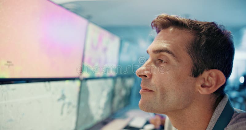 Control Room, Thinking and Man in Office, Computer Screen and Tech for ...