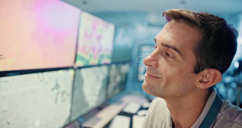 Control Room, Thinking and Man in Office, Computer Screen and Tech for ...