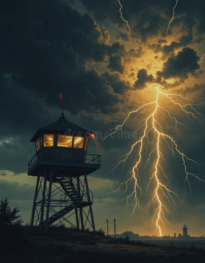 Control Tower Illuminated by Lightning during a Dramatic Thunderstorm ...