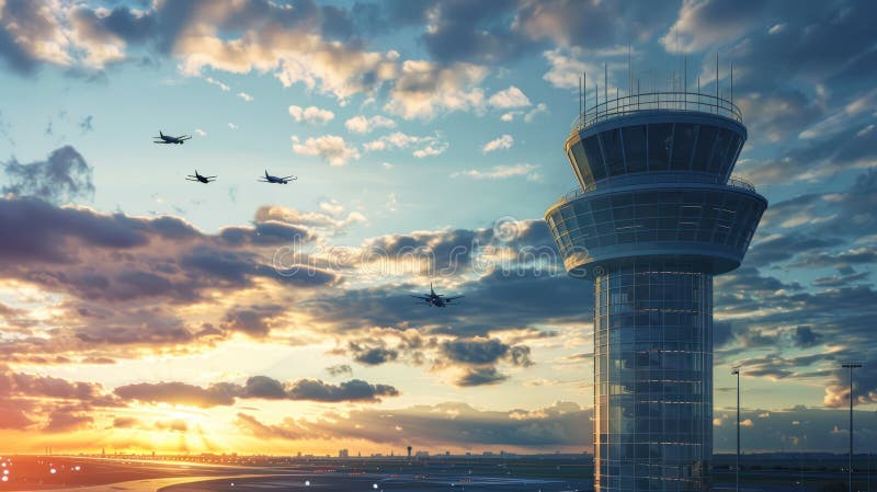A Control Tower Overlooking an Aerodrome with Planes Taking Stock ...