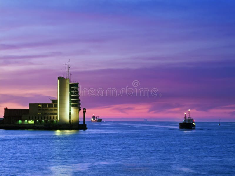 Control Tower on Sea with Cargo Ships Stock Image - Image of cabin ...