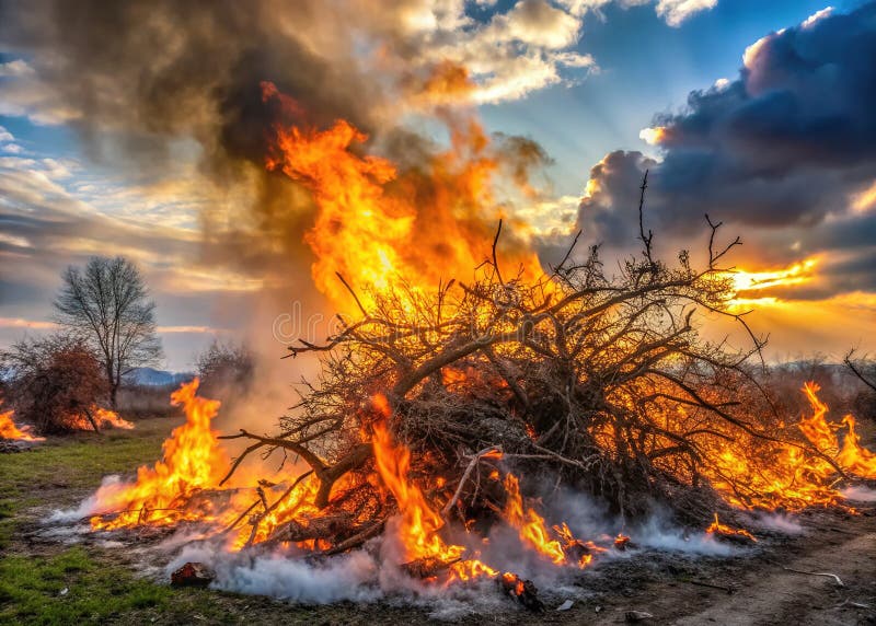 Controlled Burn in a Dry Orchard Dramatic Bonfire with Blazing Branches ...