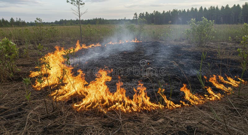 Controlled Burn Fire Ring in Field Creating Ash and Smoke Stock ...