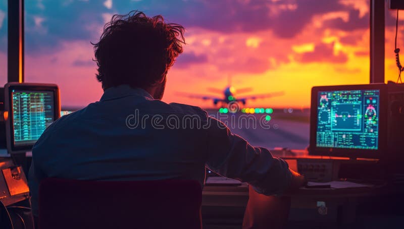 A Controller in the Airport Control Tower Monitors Flight Data on ...