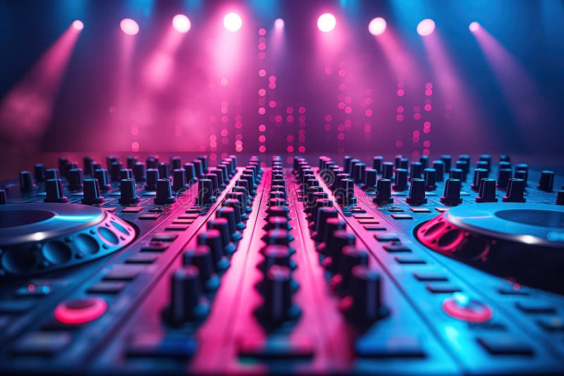 DJ Mixer with Turntable in Booth at Night Party in Music Street ...
