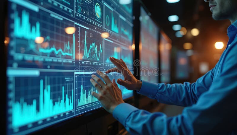 Controller Works with Data on Computer Screen, Analyzing Charts. Scada ...