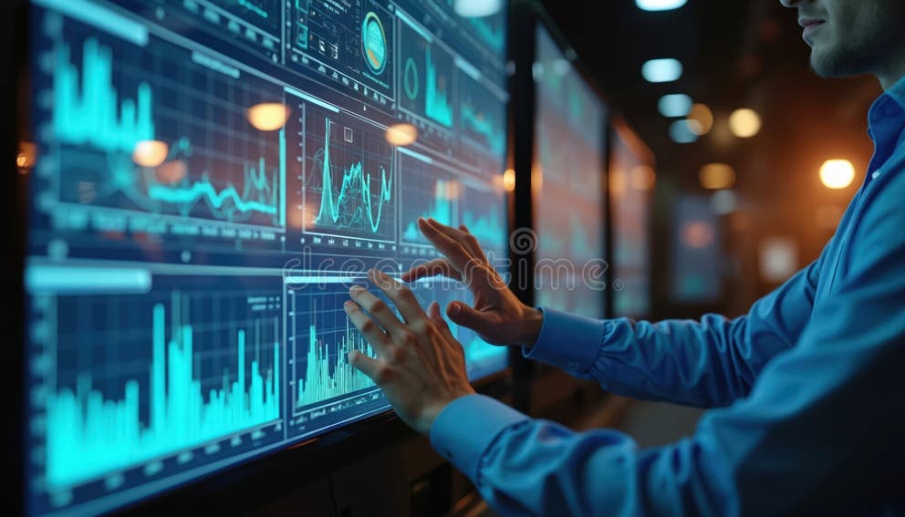 Controller Works with Data on Computer Screen, Analyzing Charts. Scada System Operation, Smart ...
