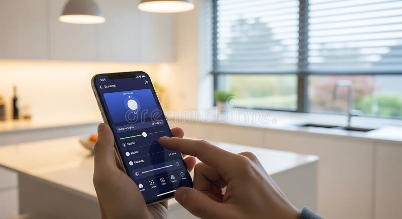 Controlling Home Lighting Using a Mobile App Stock Image - Image of ...