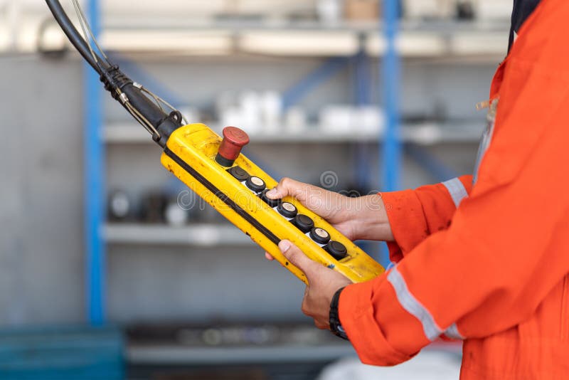 Controlling the Overhead Crane at the Factory Warehouse. Stock Image ...