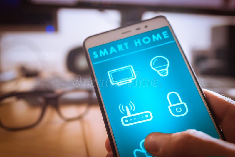 Smart Home Technology Interface on Smartphone App Screen, Person ...