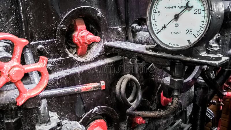Controls and Valves in the Cabin of an Steam Locomotive Stock Photo ...