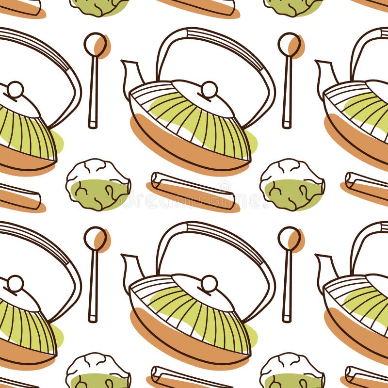 Contur and Spot Vector Seamless Pattern on the Cups and Teapot Stock ...