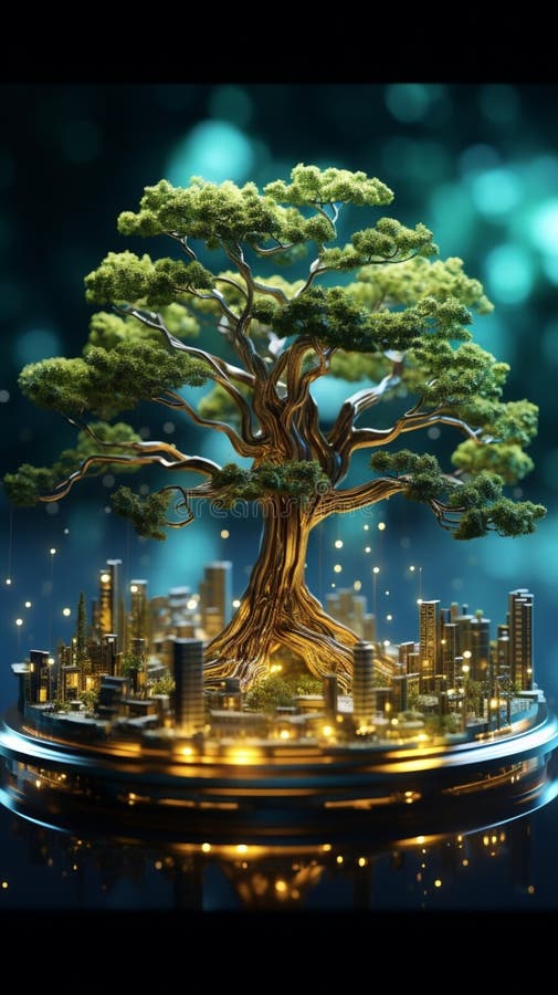 Convergence of Nature and Circuits Tree on Board, Wireframe Backdrop ...