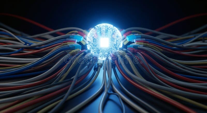 Converging Colorful Network Cables Meet at a Bright Digital Center in a ...