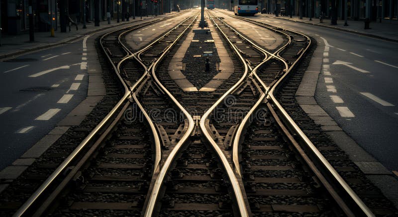 Converging Train Tracks on Urban Street with Cityscape Perspective ...
