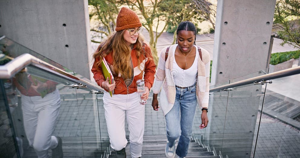 Conversation, Education and Walking with Friends on Steps at College or ...