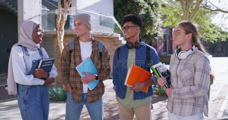 Conversation, Group and Friends at Campus for University Education, Learning or Study. Talking ...