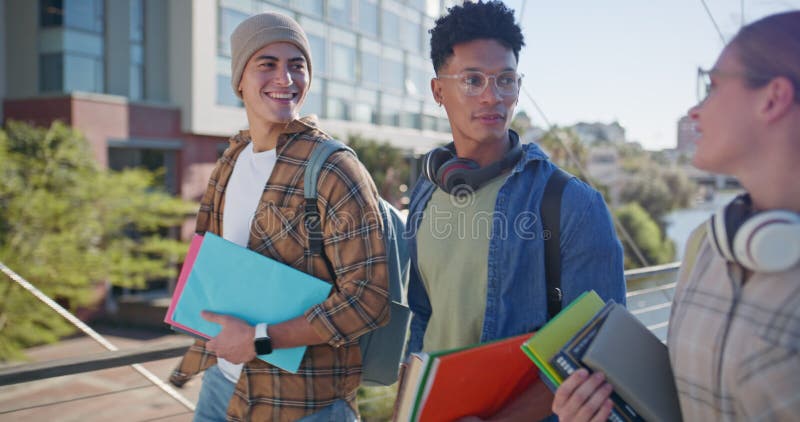 Conversation, Group and Students Walking on Campus for University ...