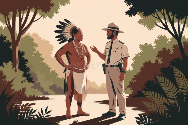 Conversation between Native American and Park Ranger in Lush Forest ...