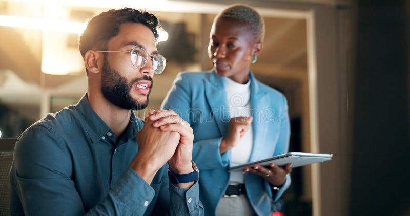 Conversation, Night and Tablet with Business People in Office Together ...