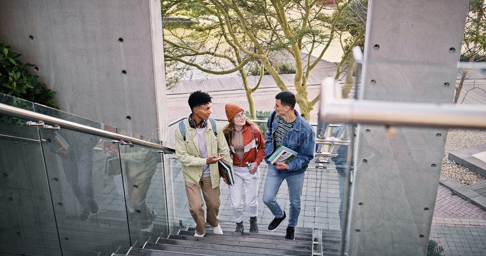 Conversation, Study and Walking with Friends on Stairs at College or ...