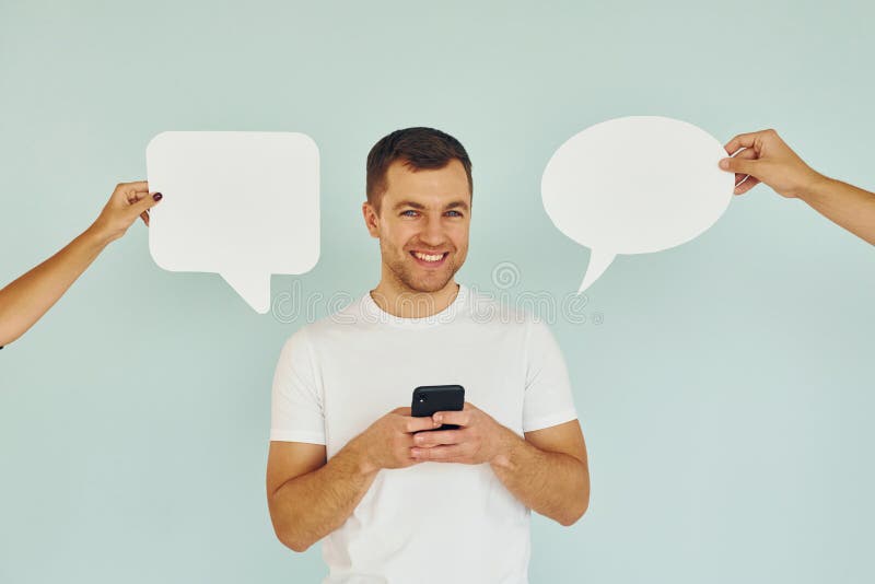 Conversation Text. Man Standing in the Studio with Empty Signs Stock ...