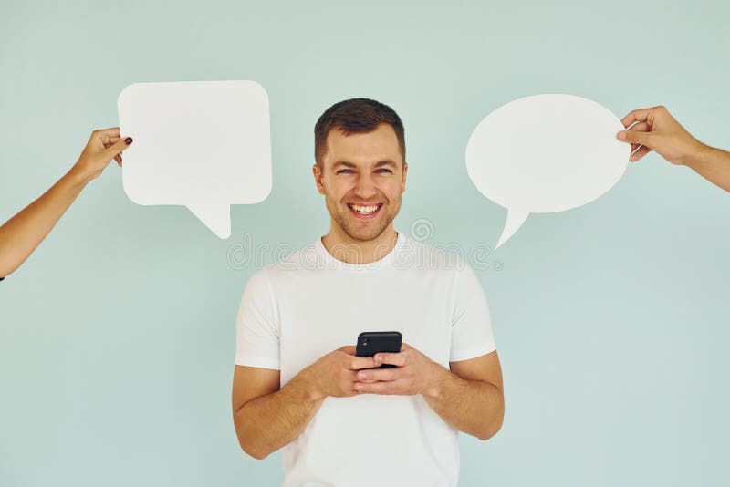 Conversation Text. Man Standing in the Studio with Empty Signs Stock ...
