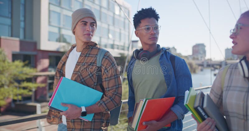 Conversation, Walking and Students at Campus for University Education, Learning or Study ...