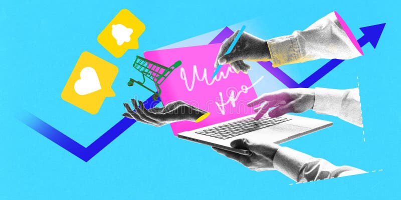 Conversion Optimization. Hands Interact with Laptop, Shopping Cart, and ...