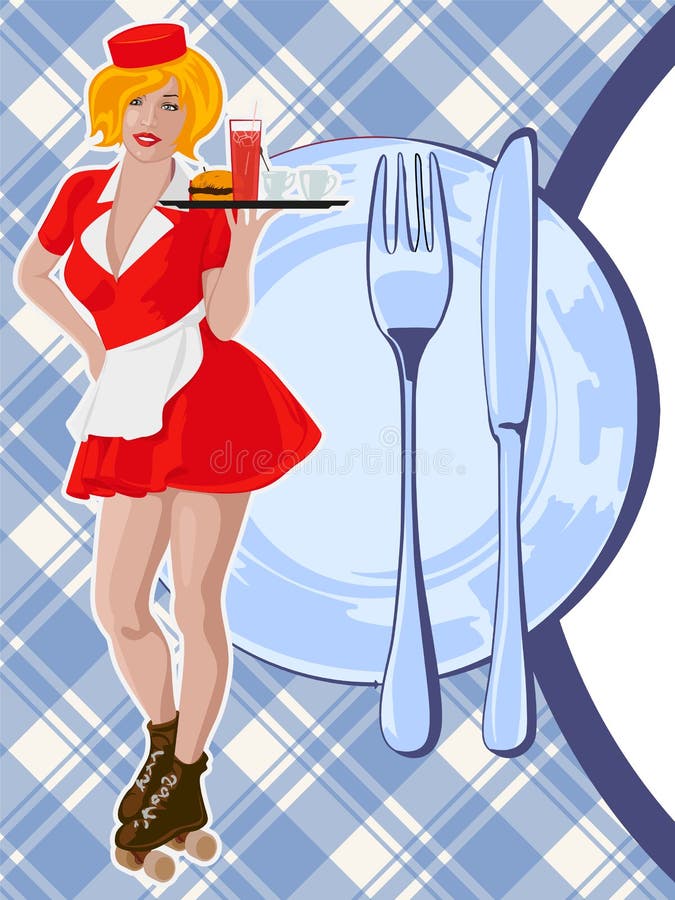 Waitress with Plate on Roller Skates. Red Dress. Diner Waitress. Vector ...
