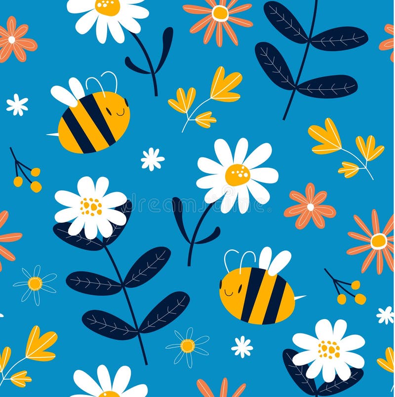 Vector Blue Background with Cartoon Bees and Daisies. Floral Pattern ...