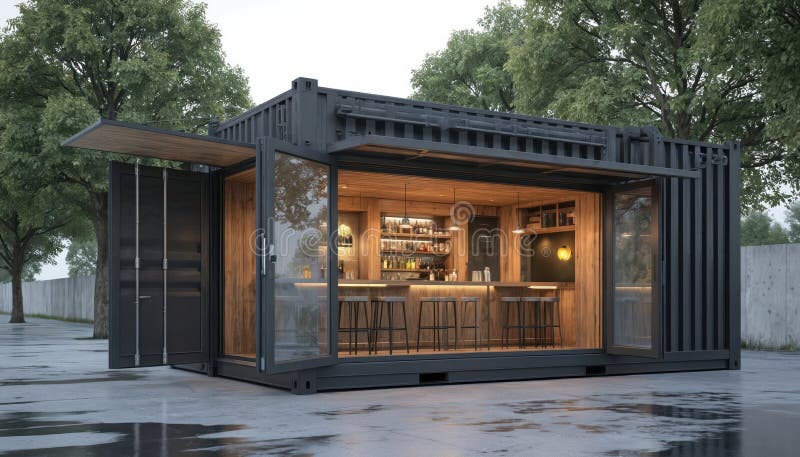 Converted Cargo Container Transformed into Modern Bar Cafe with Warm ...