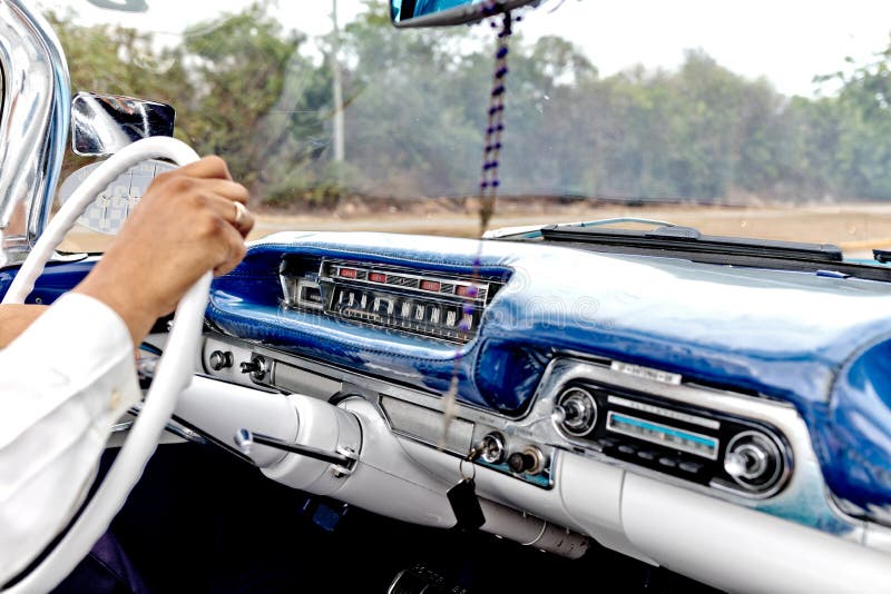Convertible, Dashboard of a Retro Car. Hand on the Wheel Stock Image ...