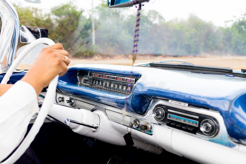 Convertible, Dashboard of a Retro Car. Hand on the Wheel Stock Photo ...