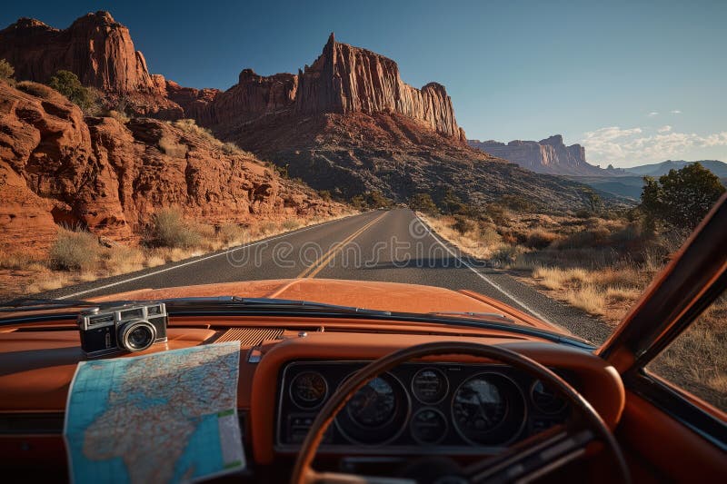 Convertible Driving through Desert at Sunset, Red Cliffs and Map ...