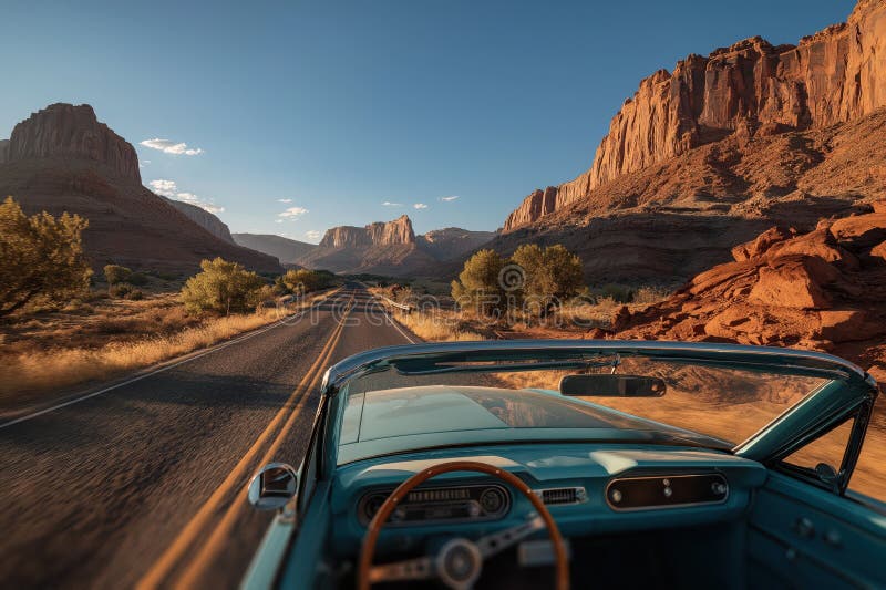 Convertible Driving through Desert at Sunset, Red Cliffs and Map ...