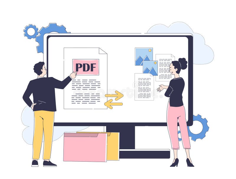 Converting Files To Pdf. Man and Woman at the Computer Monitor with ... Converting Files To Pdf. Man and Woman at the Computer Monitor with ...