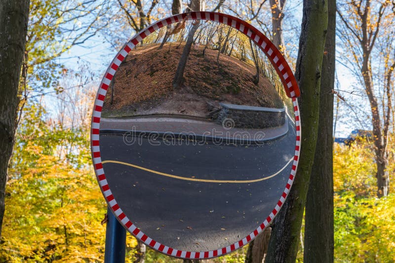 Convex Spherical Traffic Mirror Mounted on a Winding Local Road Stock ...