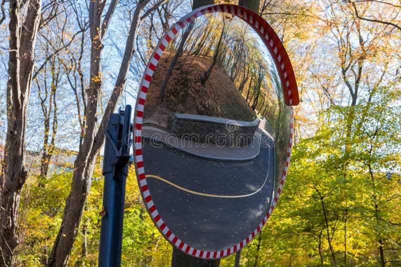 Convex Spherical Traffic Mirror Mounted on a Winding Local Road Stock ...