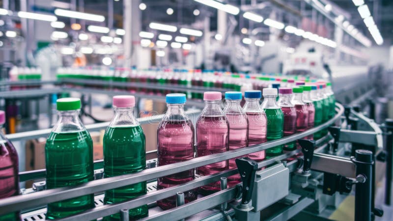 A Conveyor Belt with Bottles of Different Colors and Sizes, AI Stock ...