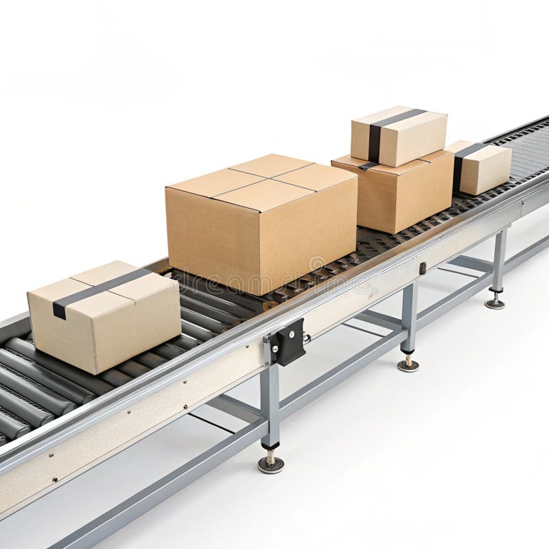 Conveyor Belt with Boxes Isolated on White Background Stock ...