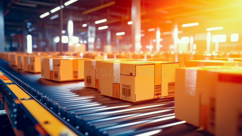 Conveyor Belt with Boxes on it in Large Warehouse or Factory ...